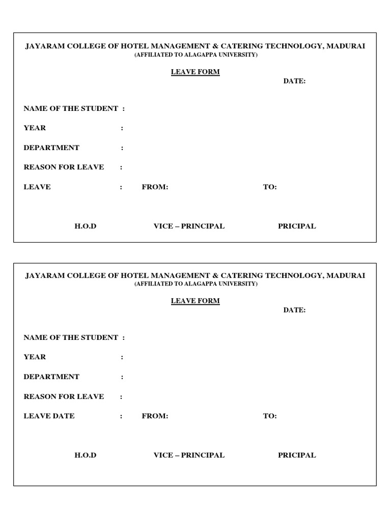 Jayaram College of Hotel Management Leave Letter Format | PDF