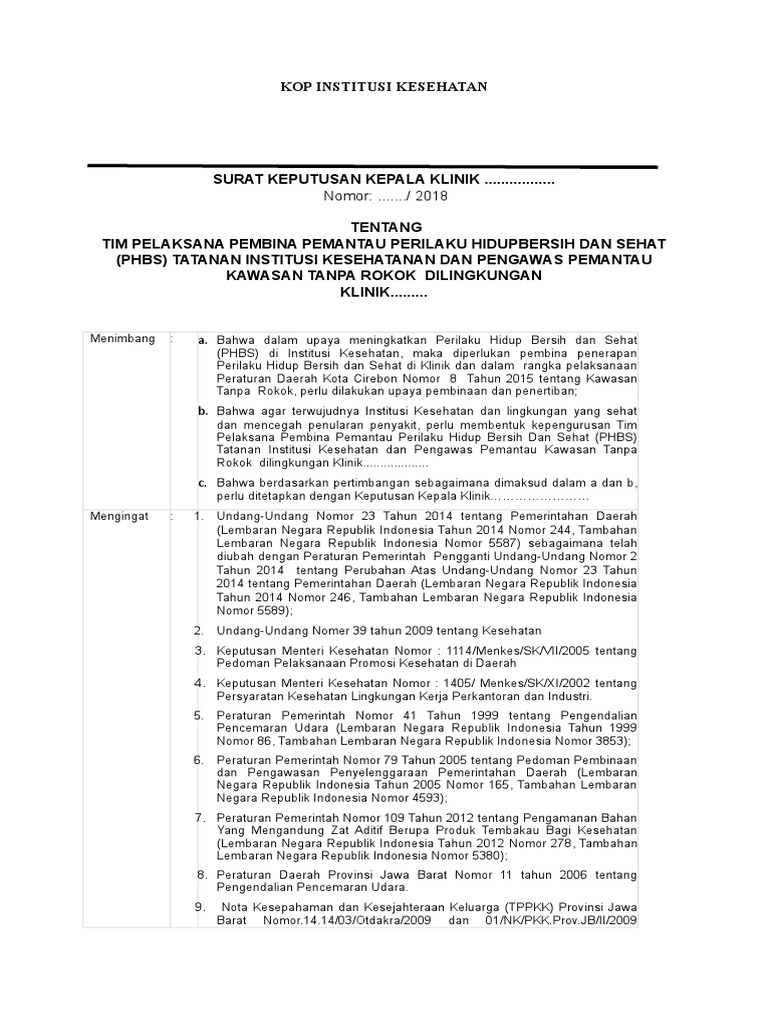 Contoh SK Klinik PHBS Institusi Kesehatan | PDF
