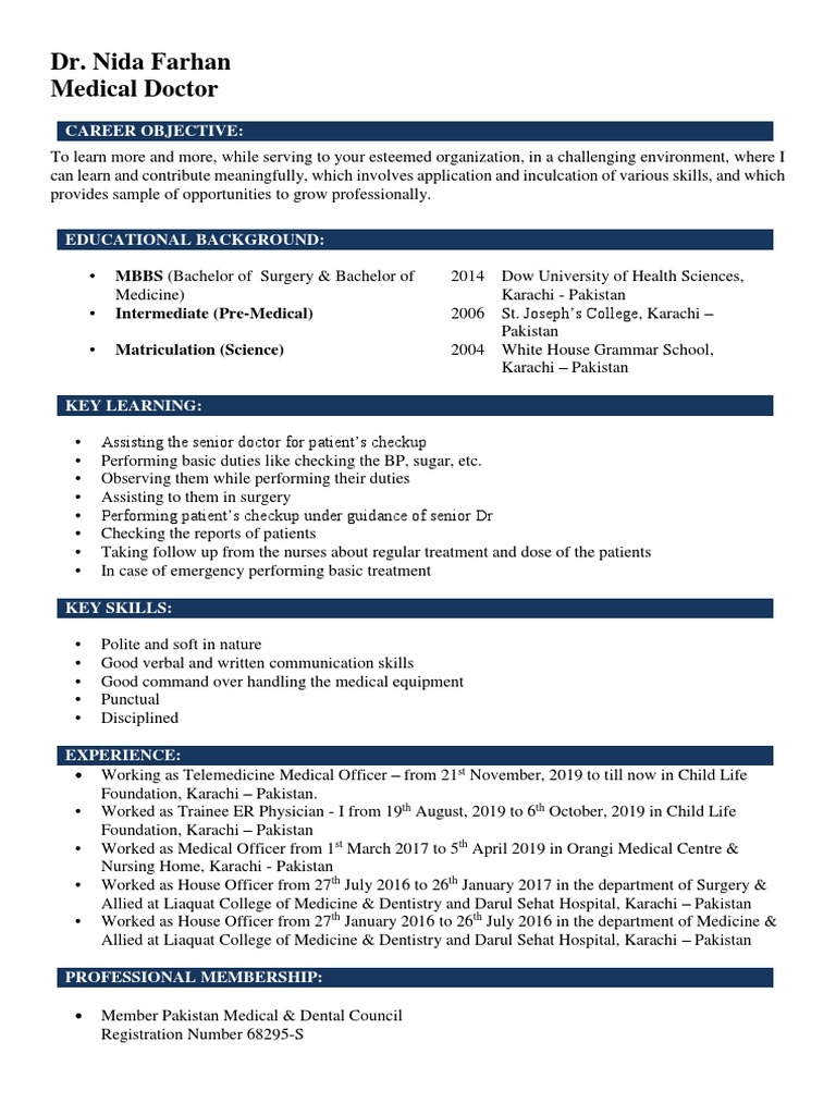 CV DR Nida | PDF | Physician | Medical School