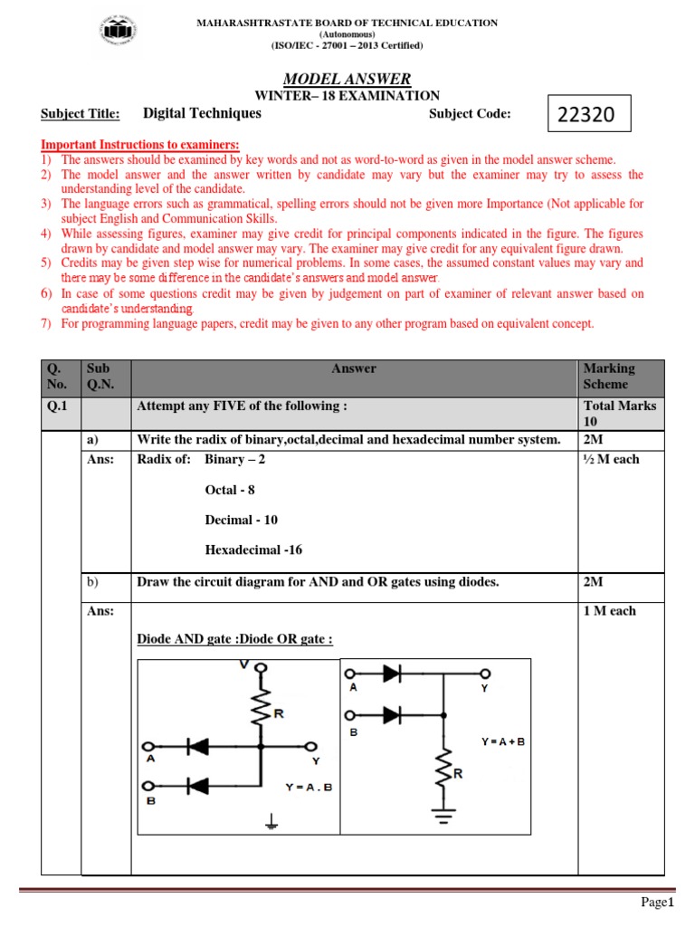 Analysis of a Model Answer Key for a Digital Techniques Examination | PDF | Logic Gate | Random ...
