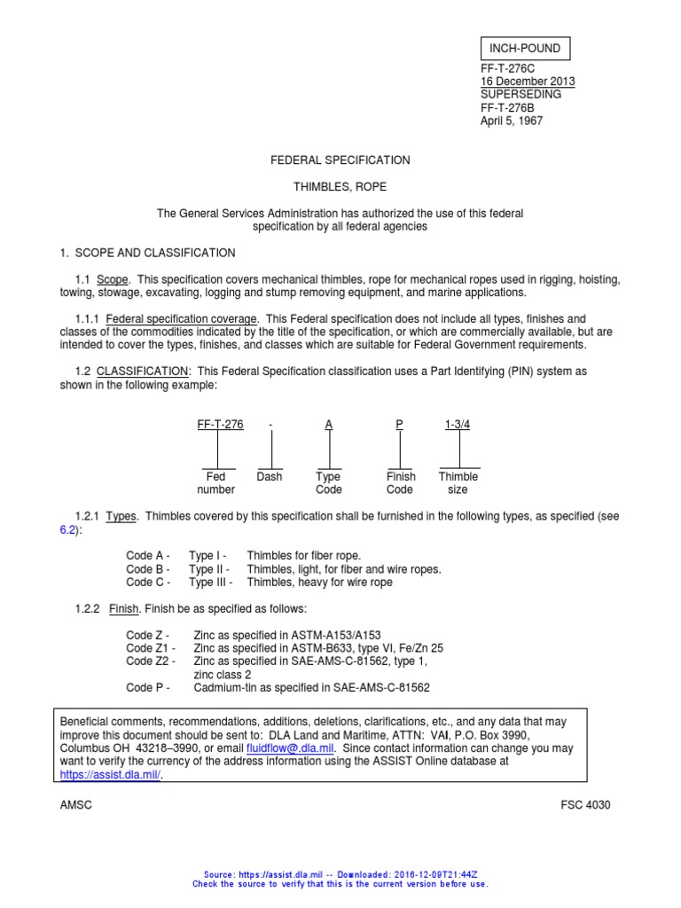 Us Fed Spec Ff-t-276b - Thimbles, Rope | PDF | Specification (Technical ...