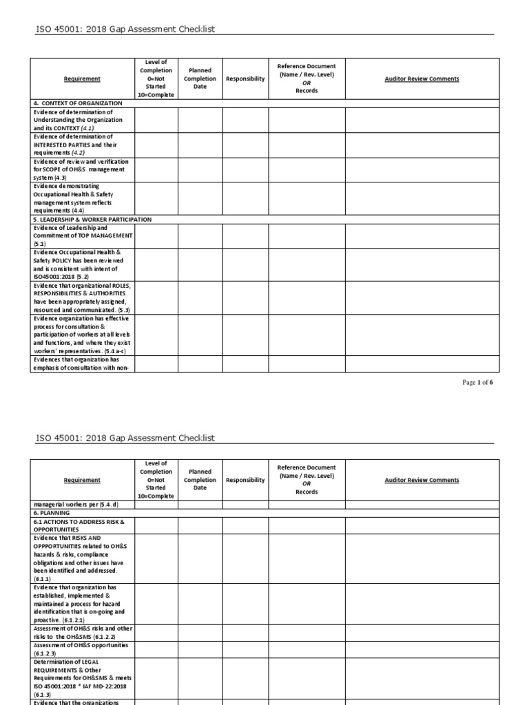 ISO 45001 - Gap Assessment - Checklist | PDF | Risk | Occupational ...