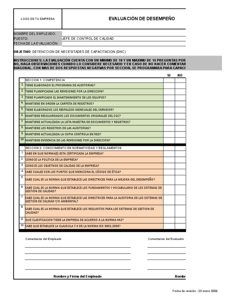 formato-para-evaluar-desempeno-laboral | Sistema de manejo de calidad | Business