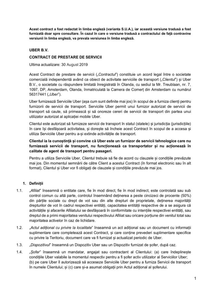UBER BV Agreement - Romania 30 August 2019 | PDF