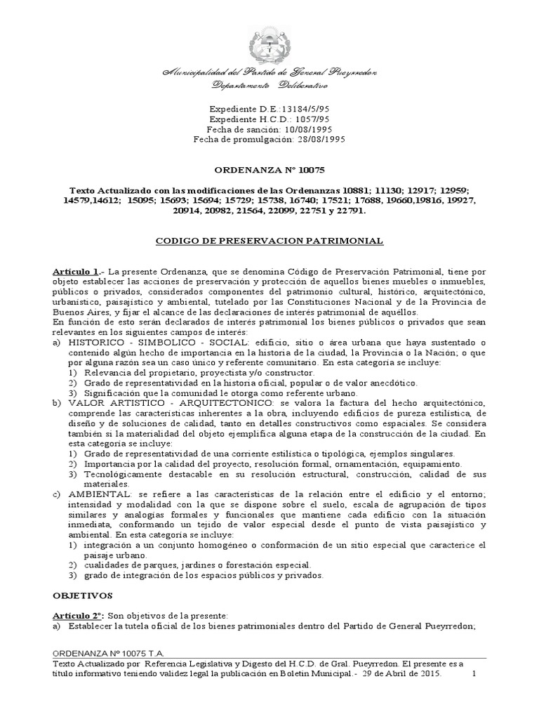 Codigo de Preservacion Patrimonial - Texto Actualizado Ord 10075 | PDF | Paisaje | Bienes (Ley)