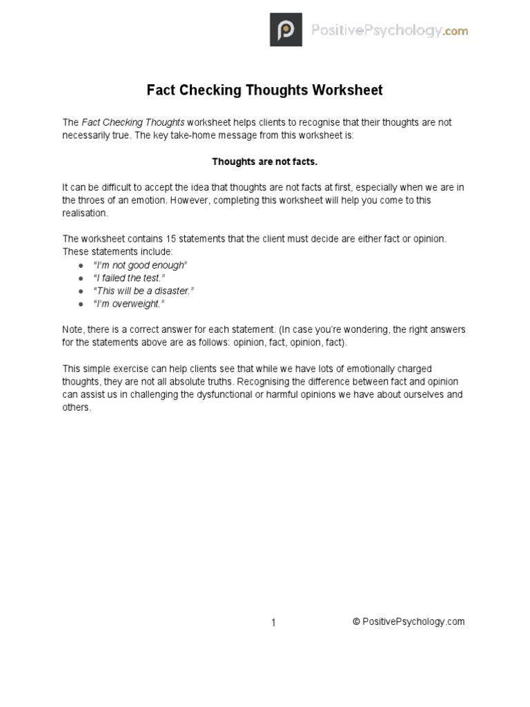 Fact Checking Thoughts Worksheet