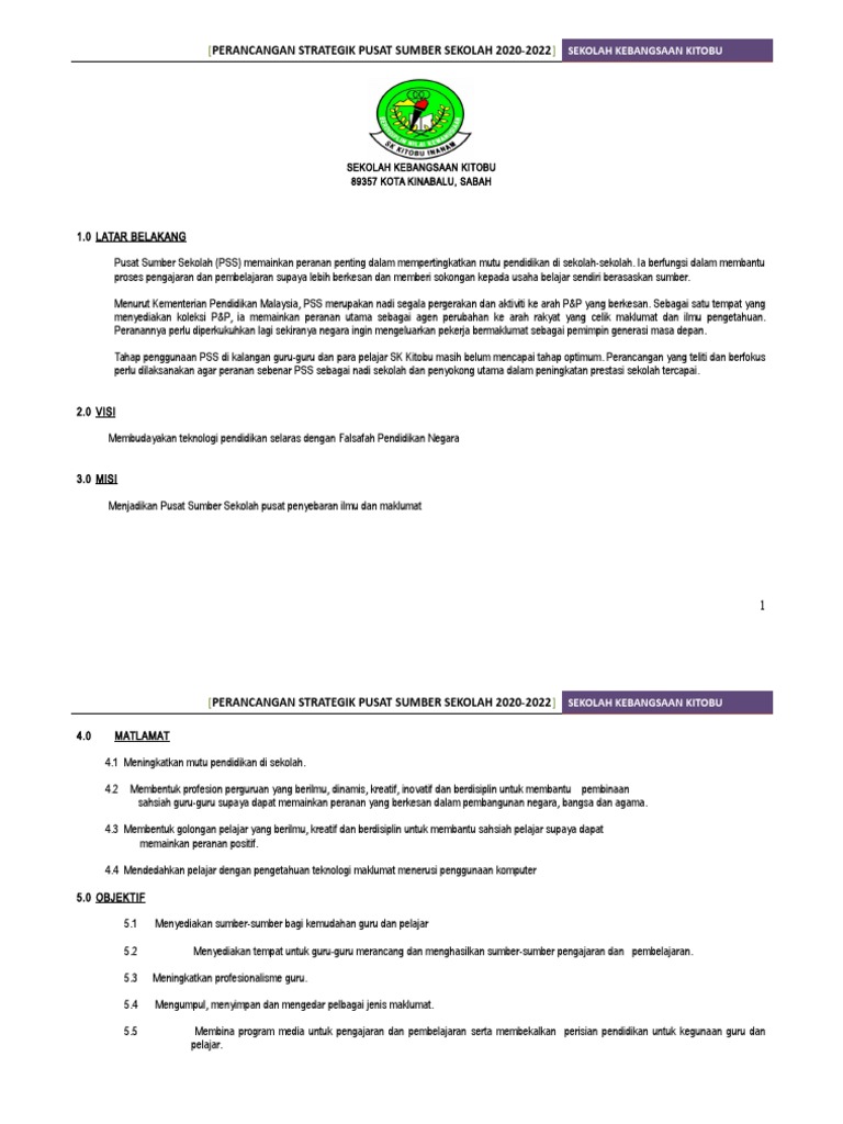 Pelan Strategik Taktikal Operasi PSS SK Kitobu 2020 Terkini | PDF