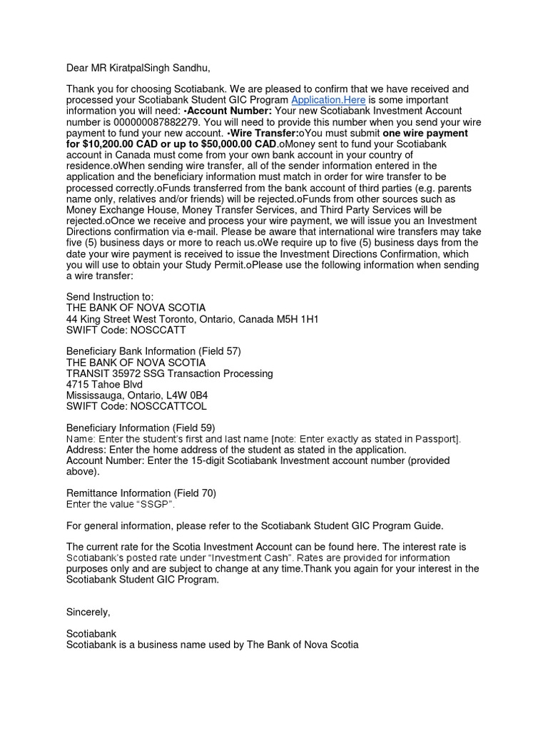 Gic Letter | PDF | Wire Transfer | Payments