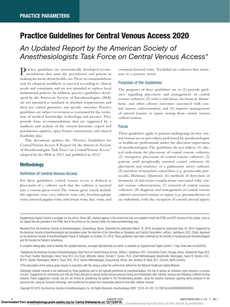 Practice Guidelines For Central Venous Access 2020 An Updated Report by ...