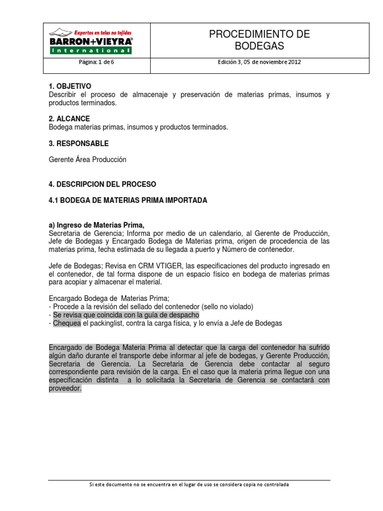 Procedimiento de Bodegas | Descargar gratis PDF | Inventario | Business