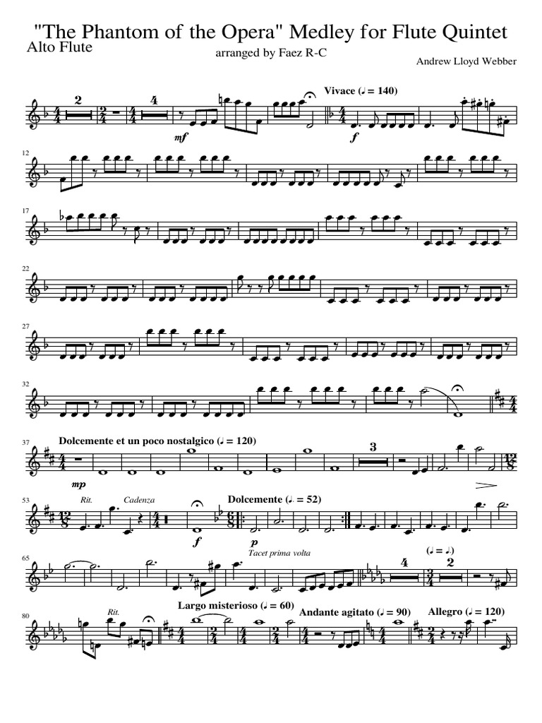 Phantom of The Opera Medley For Flute Quintet-Alto Flute | PDF ...