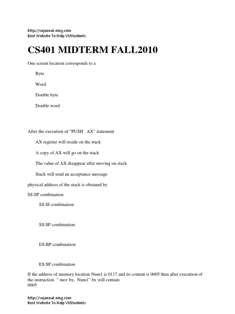 Cs401 Midterm Fall2010 | PDF | Subroutine | Pointer (Computer Programming) Cs401 Midterm Fall2010 | PDF | Subroutine | Pointer (Computer Programming)