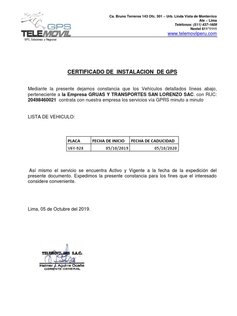 Certificado de Instalación de GPS 2019 | PDF