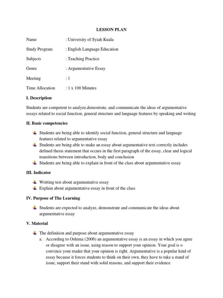 Lesson Plan Argumentative Essay | PDF | Essays | Lesson Plan
