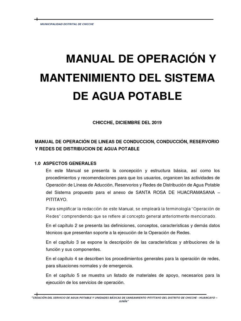 13.01 Manual Operacion y Mantenimiento Sistema de Agua Potable | Reservorio | Saneamiento