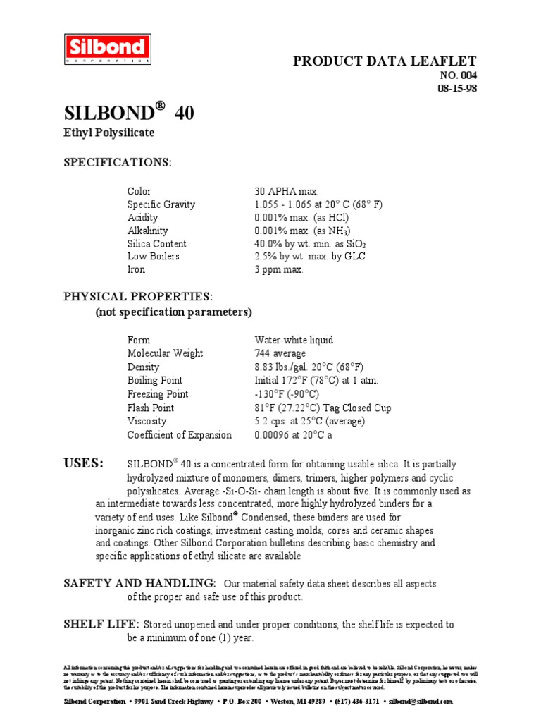 Product Data Leaflet for Silbond 40 Ethyl Polysilicate: Specifications ...