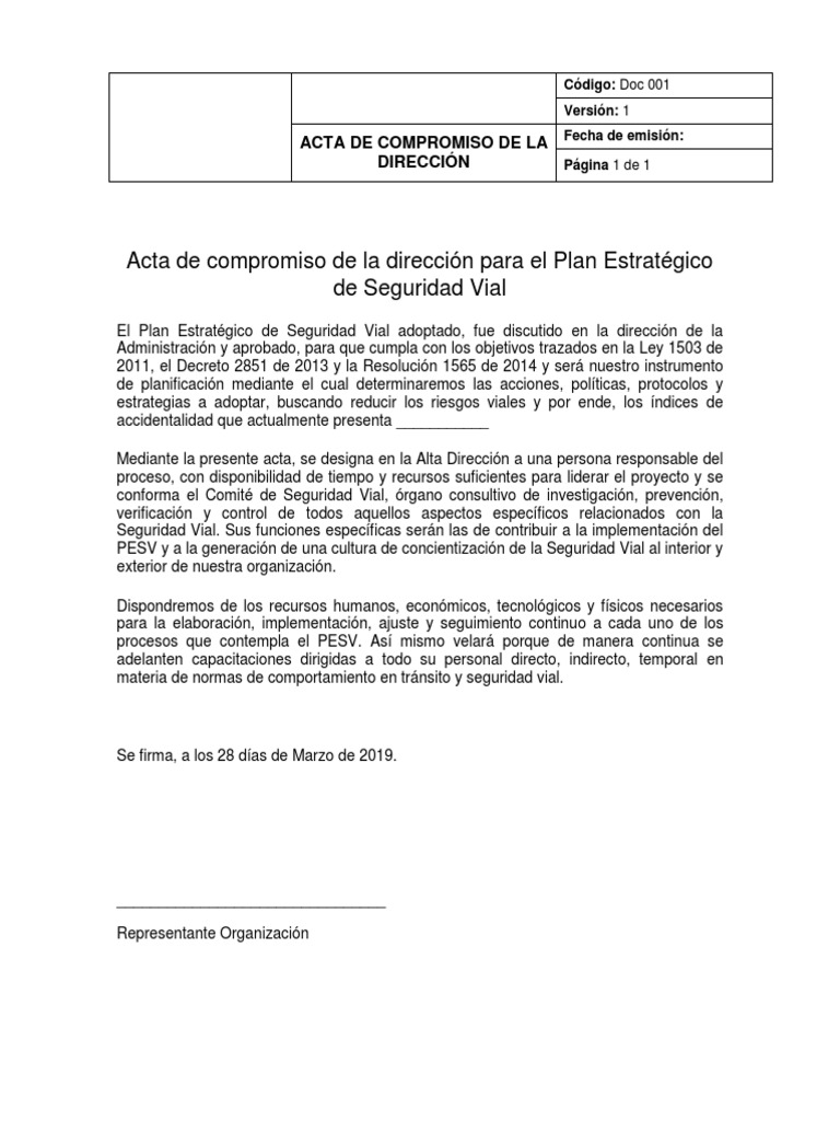 Acta de Compromiso de La Dirección Pesv | PDF