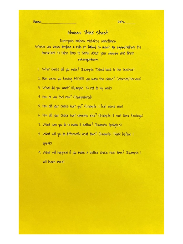 Choices Think Sheet | PDF