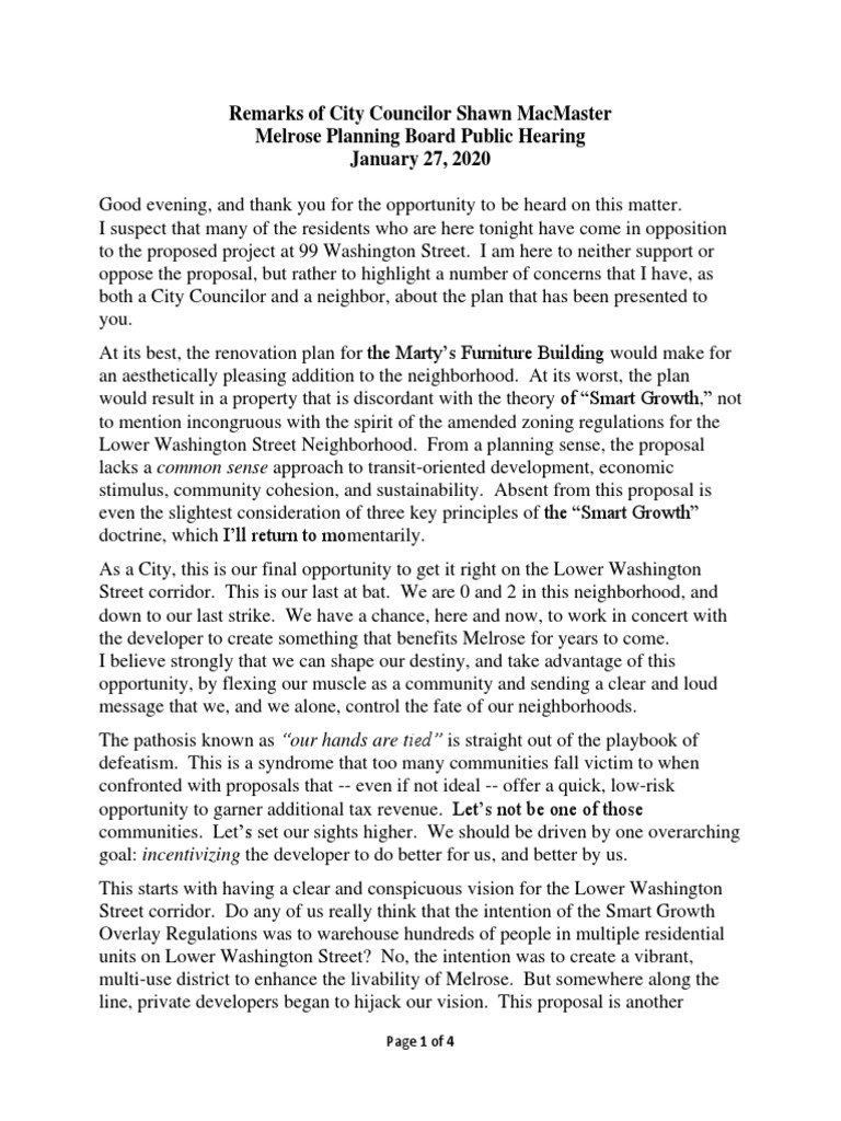 Shawn MacMaster's 99 Washington Street Remarks | PDF | Sanitary Sewer ...