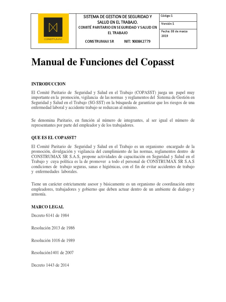 Manual COPASST: Funciones y Obligaciones | PDF | Seguridad y salud ocupacional | Cuidado de ...