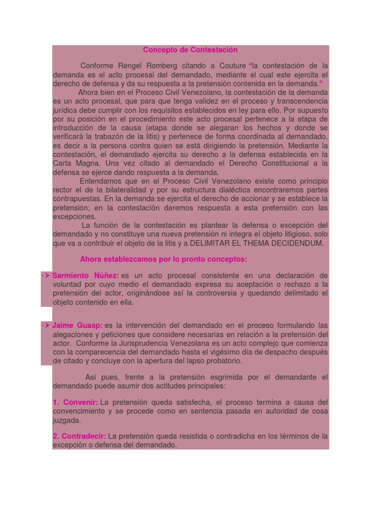 Concepto de Contestación Generica | PDF | Demanda judicial | Ley procesal