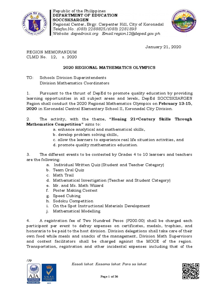 2020 Regional Mathematics Olympics Guide | PDF | Test (Assessment ...