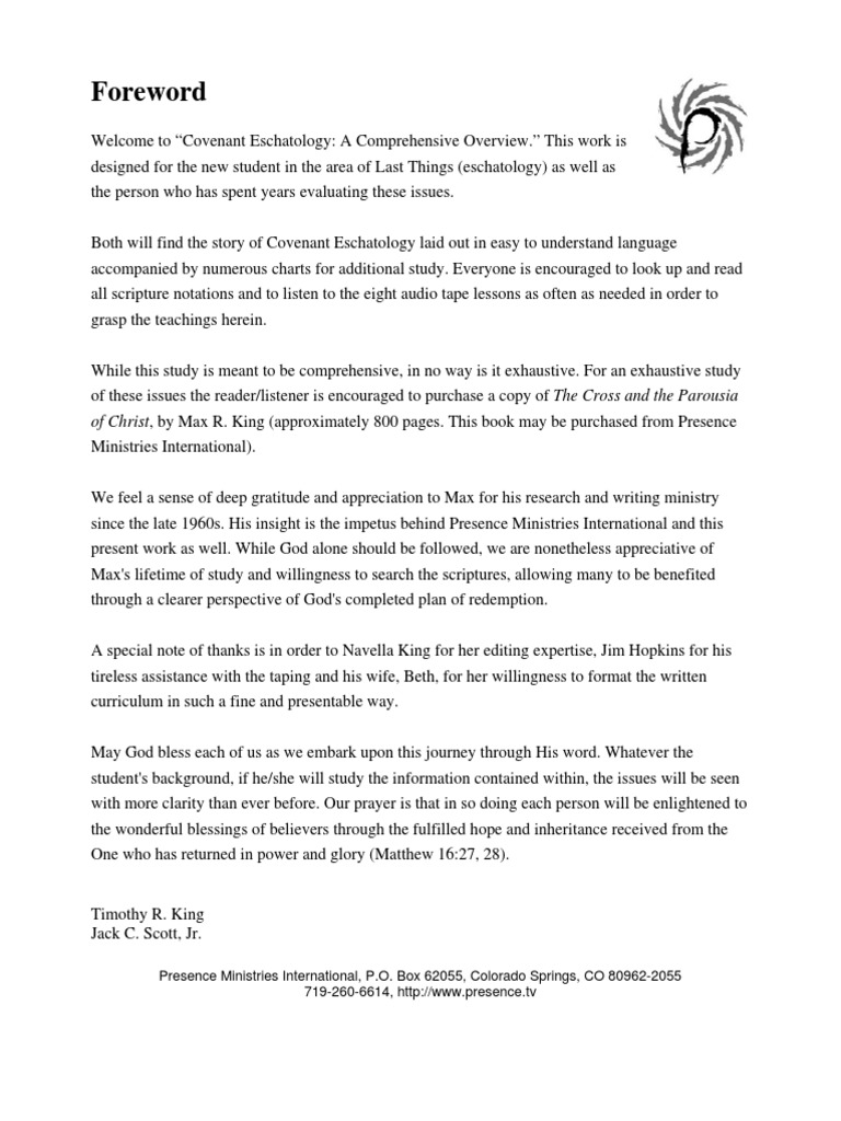 1998 - King - Comprehensive Chart of Covenant Eschatology PDF | PDF ...