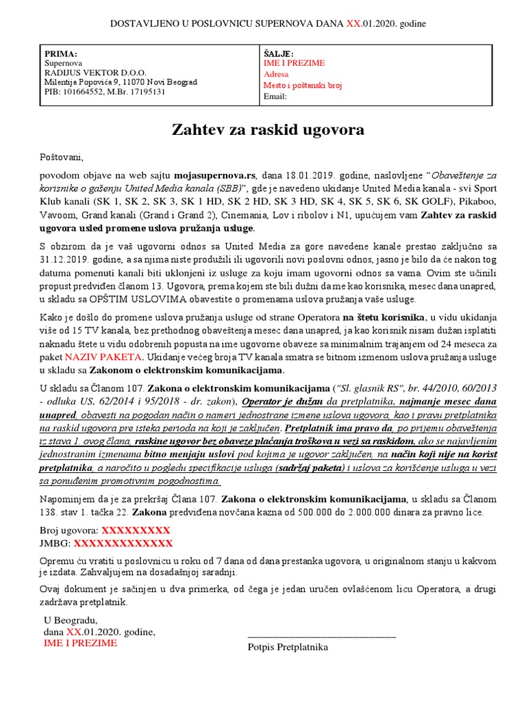ŠABLON Zahtev Za Raskid Ugovora Supernova | PDF