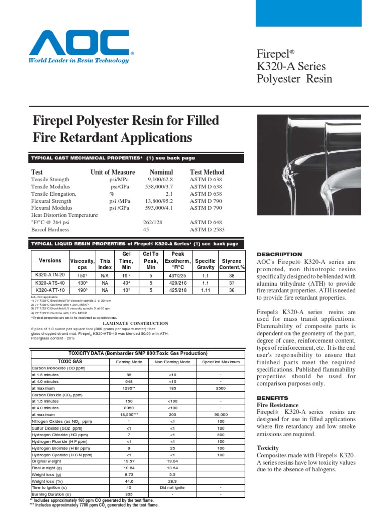 AOC FR Resin K320-A - Technical Data | PDF | Hydrogen | Smoke