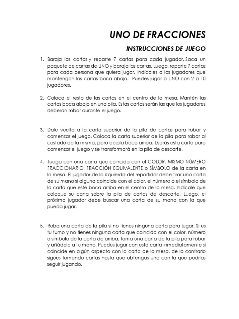 Juego UNO de FRACCIONES | PDF | Juego de azar | Juegos de cartas