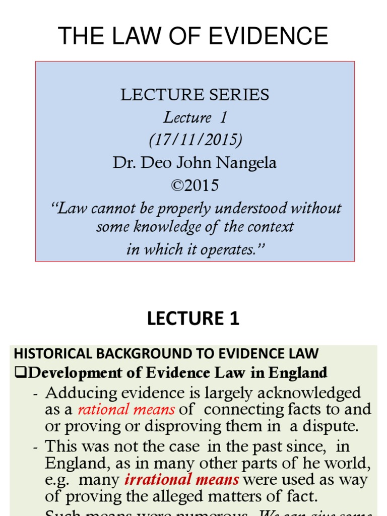 GENERAL OVERVIEW OF THE LAW OF EVIDENCE - Lecture 1-8 | PDF | Relevance ...