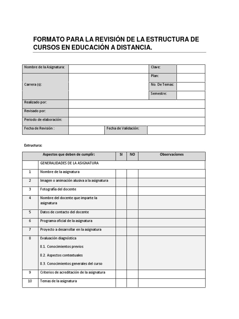 Formato para La Revisión de La Estructura de Cursos en Ead | PDF