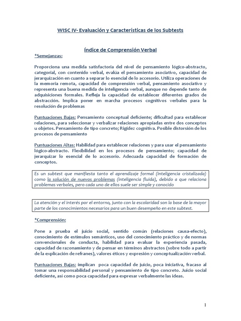 Evaluación de Subtests WISC IV | PDF | Memoria | Inteligencia