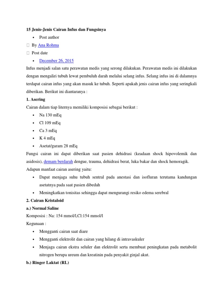 15 Jenis-Jenis Cairan Infus Dan Fungsinya | PDF