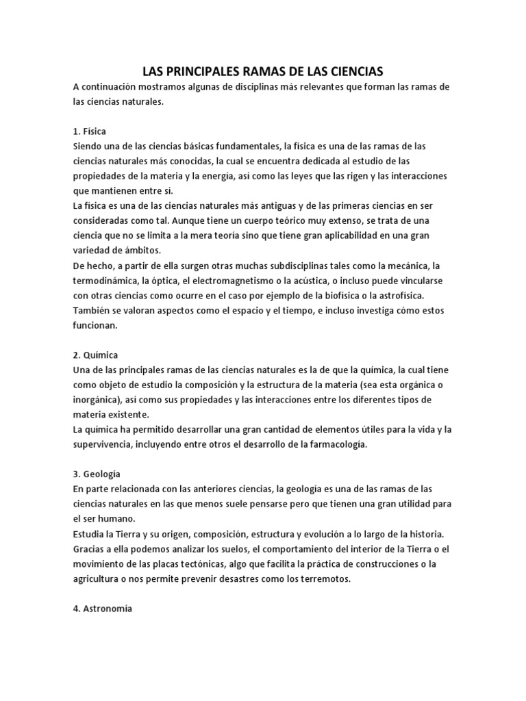 Las Principales Ramas de Las Ciencias Naturales | PDF | Biología | Física