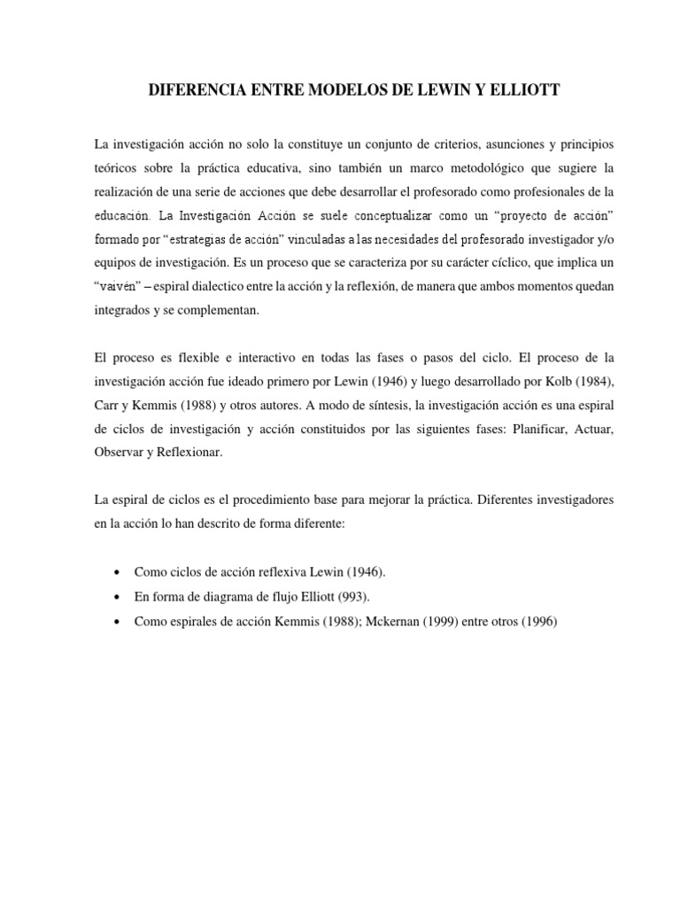 Diferencias de Modelos Lewin y Elliott | PDF | Investigación para la ...
