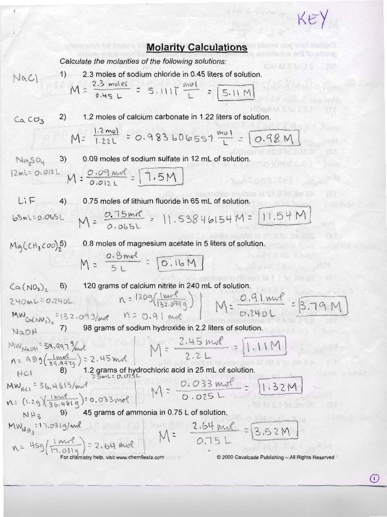 Molarity Worksheet 1 Answer Key Chemistry - Free Worksheets Printable