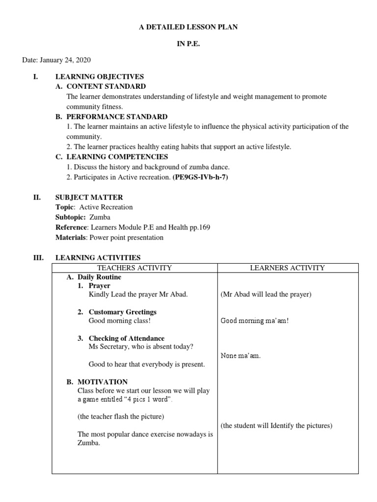 Lesson Plan Zumba | PDF | Physical Fitness | Physical Education