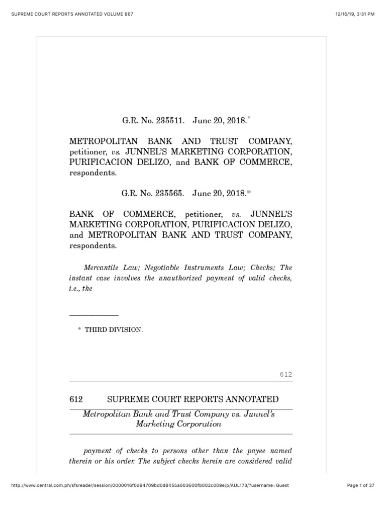 Metropolitan Bank v. Junnel's Marketing | PDF | Cheque | Payments