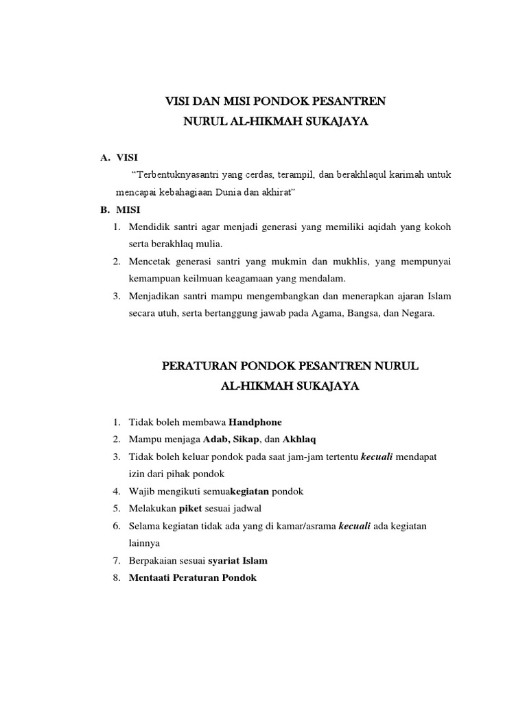 Visi Dan Misi Pondok Pesantren | PDF