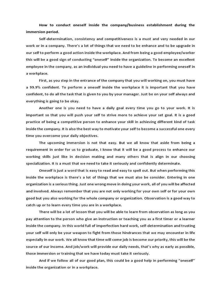Conducting Yourself During Workplace Immersion | PDF | Goal | Teaching