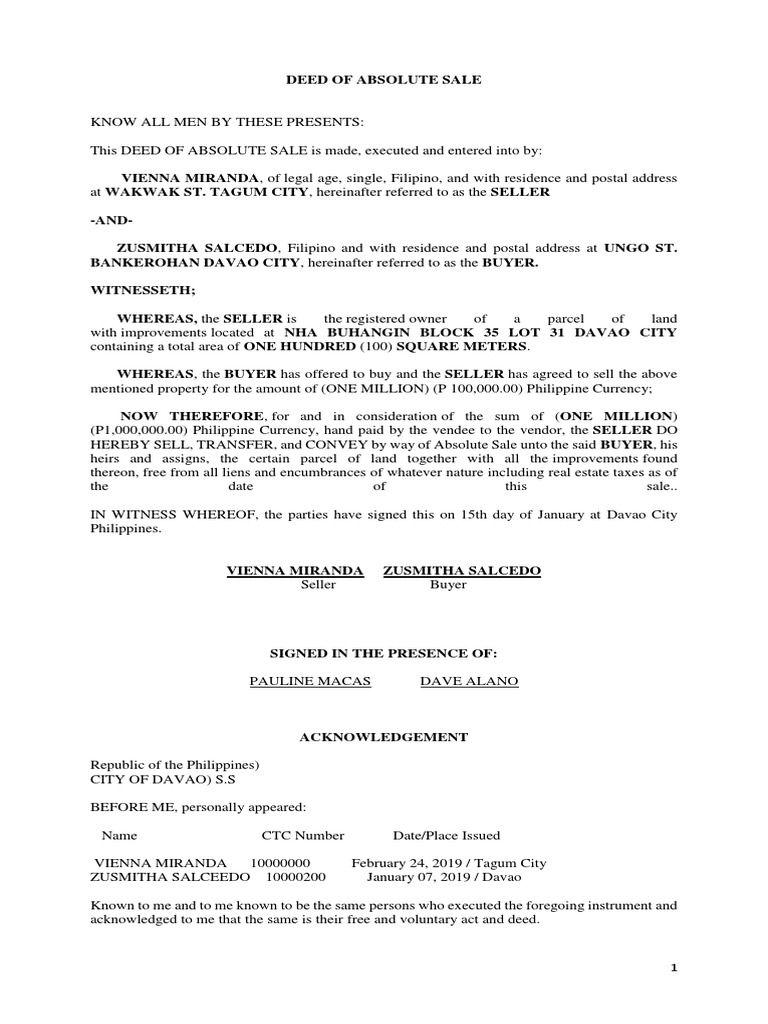 5 Deed of Absolute Sale of Unregistered Lands | PDF | Deed | Real ...