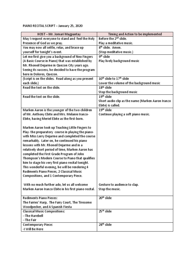 Piano Recital Script | PDF | Performing Arts | Entertainment (General)