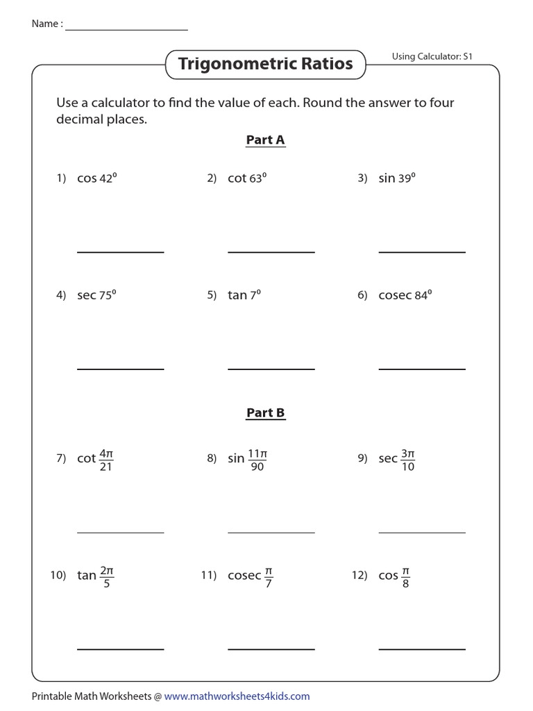 Trigonometric Ratios Worksheet Grade 9 | PDF