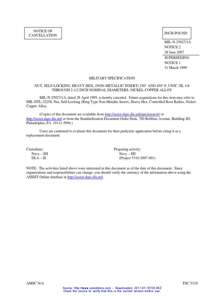 Mil N 25027 - 1a | PDF | Nut (Hardware) | Screw