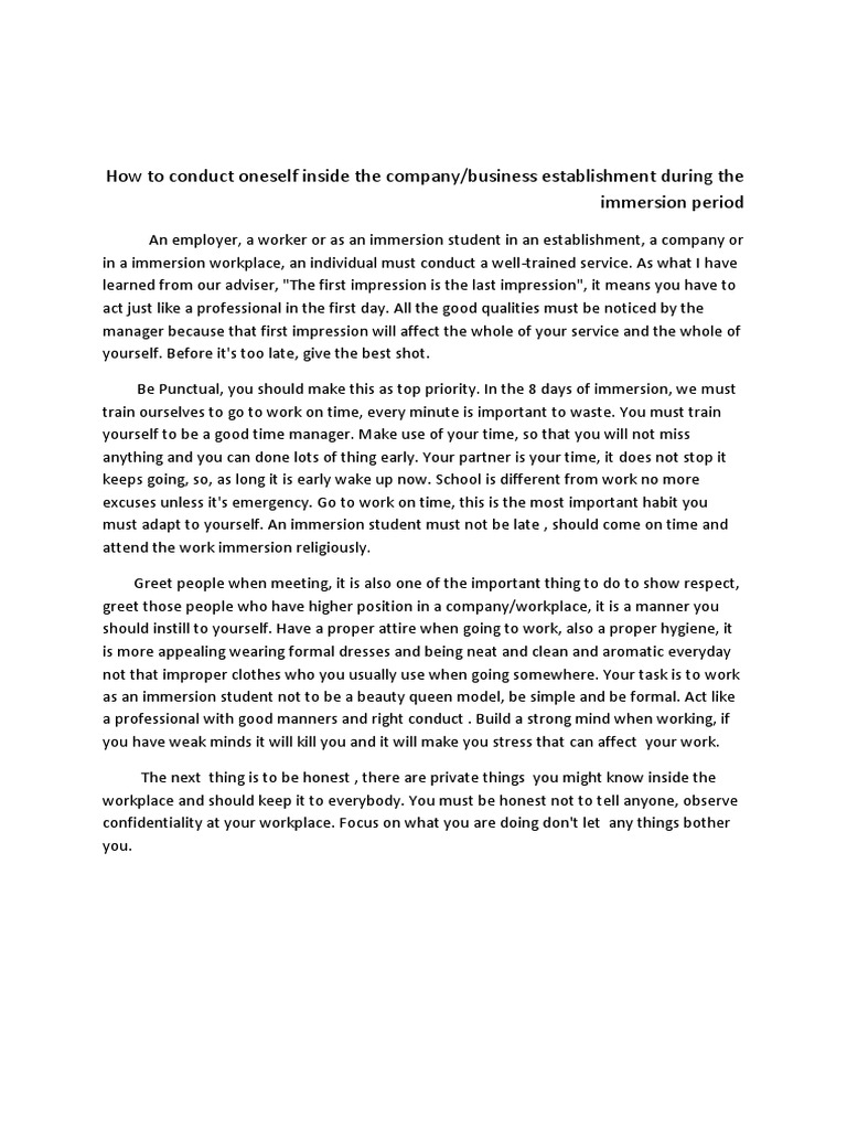 Work Immersion Essay-Lyca | PDF | Action (Philosophy) | Applied Psychology