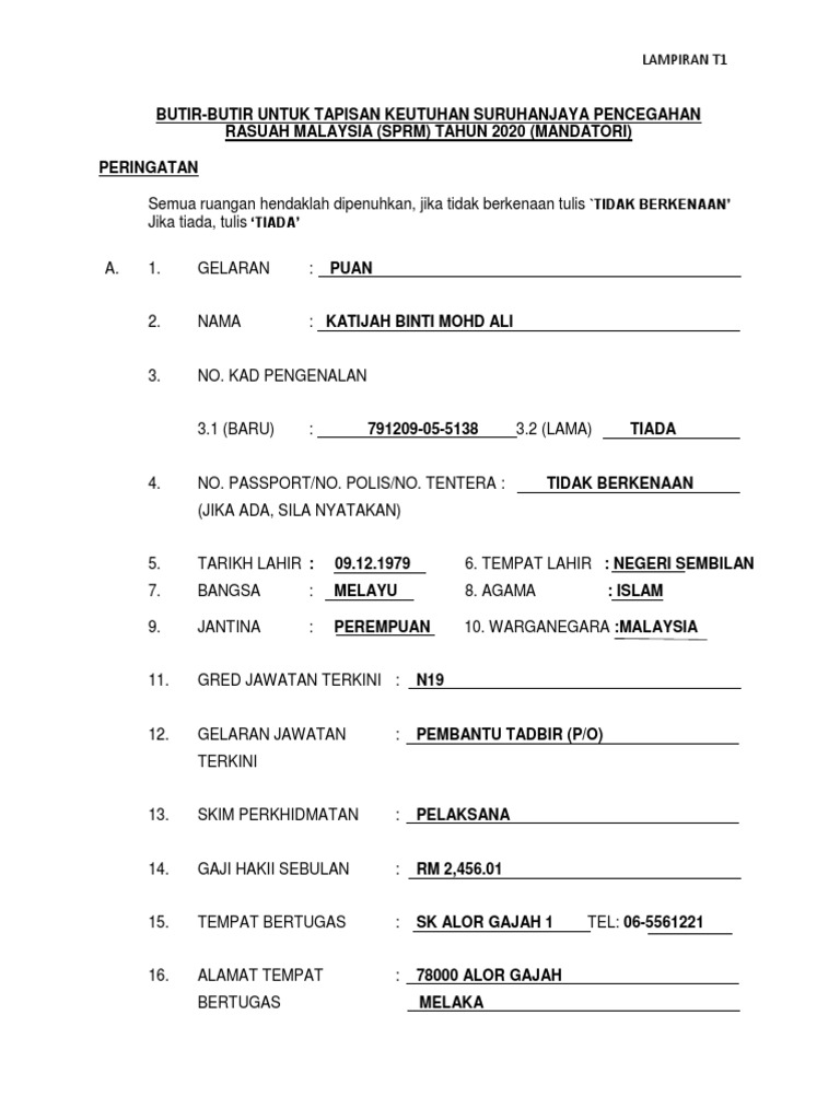 Borang Lampiran T1 N22 Baru | PDF