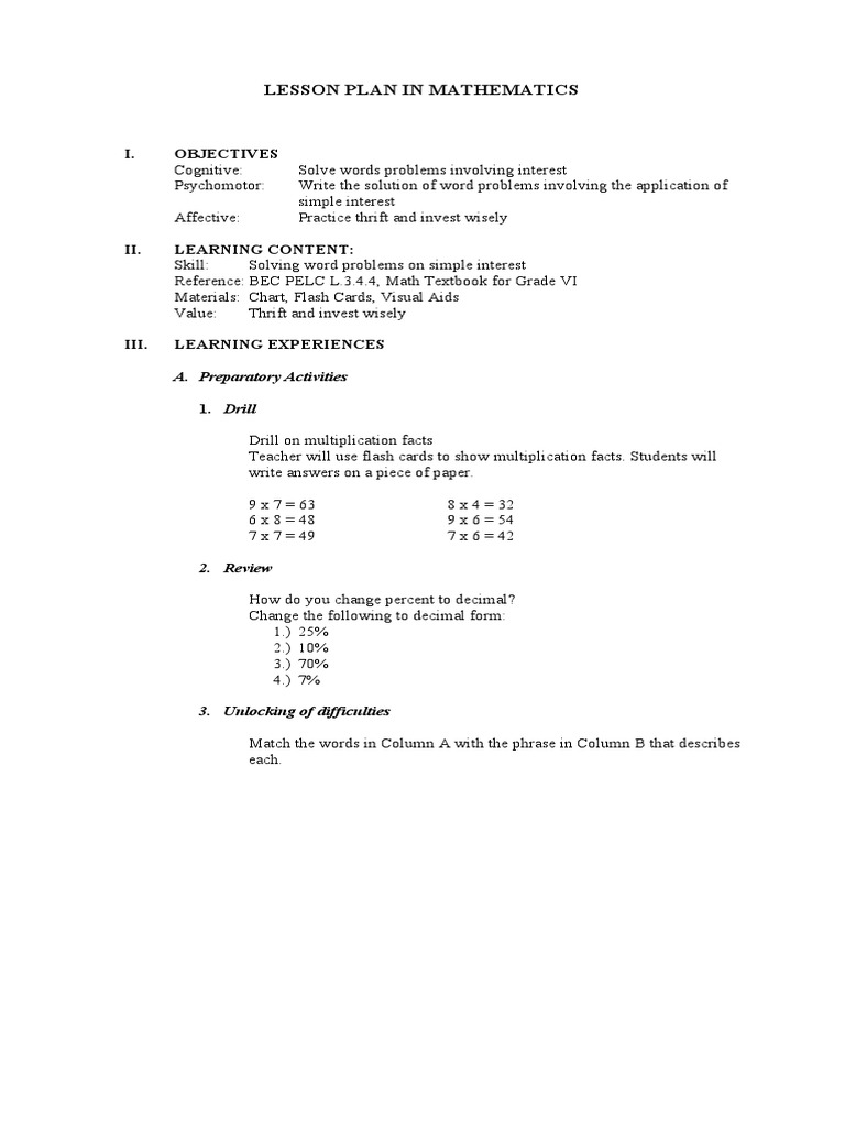 Lesson Plan In Mathematics PDF