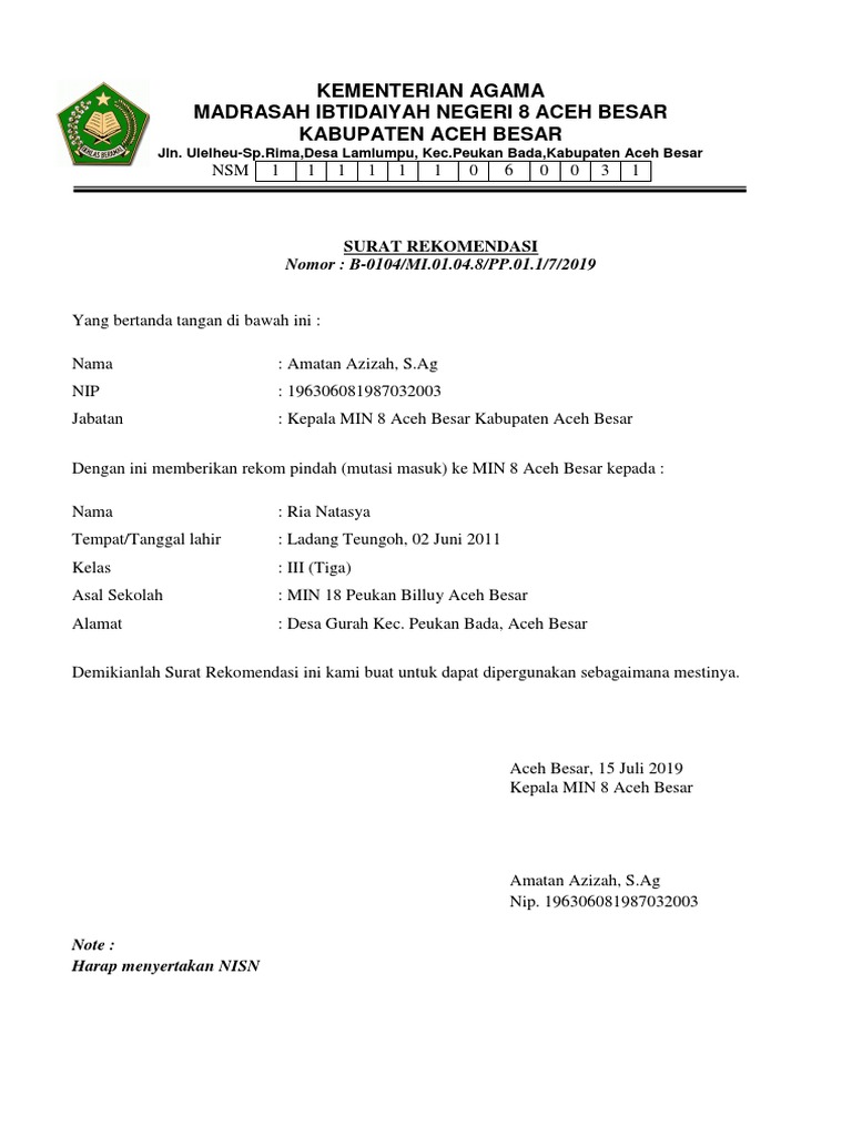 Surat Rekom Mutasi Murid Ria Natasya | PDF