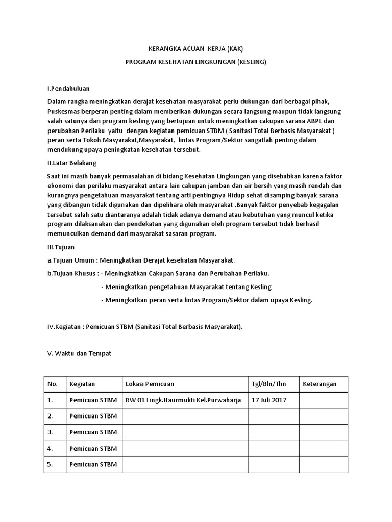 KERANGKA ACUAN KERJA (KAK) Program Kesling | PDF